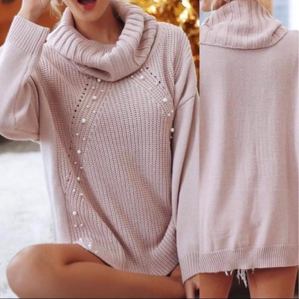 Hidden Alley Pink Pearl Studded Turtleneck Sweater - Gem